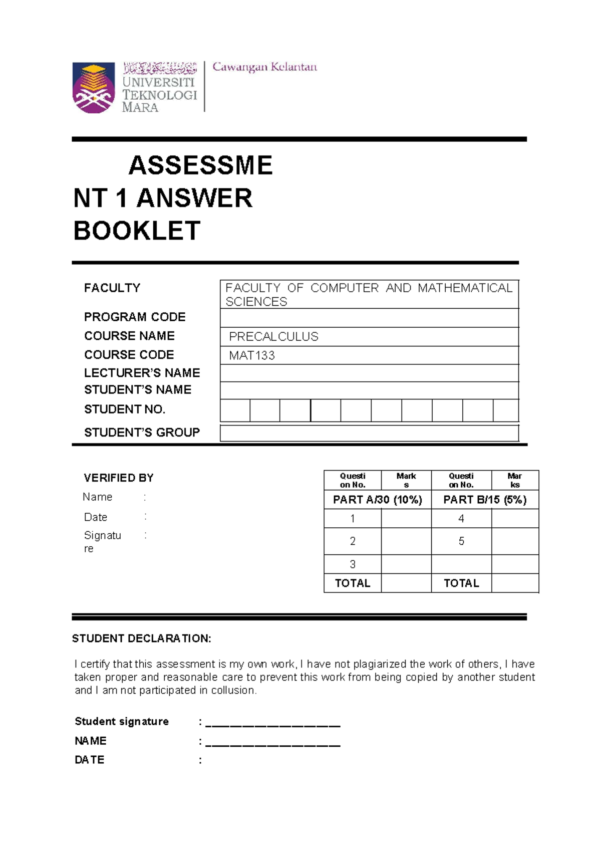 Cover PAGE Assessment 1 MAT133 - ASSESSME NT 1 ANSWER BOOKLET FACULTY ...