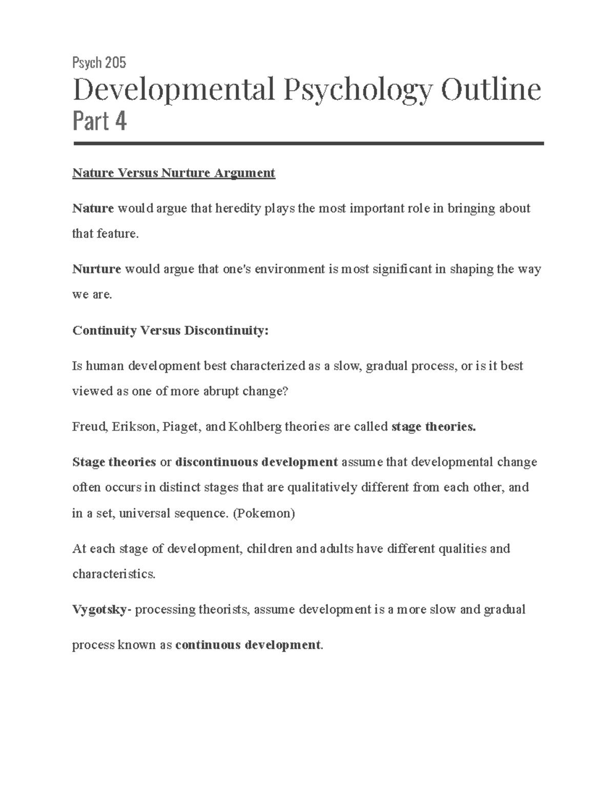 Developmental Psychology Chapter Outline 4 - Psych 205 Developmental ...