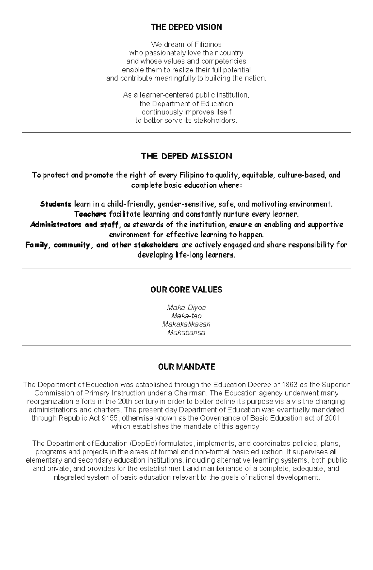 THE Deped Vision - THE DEPED VISION We dream of Filipinos who ...