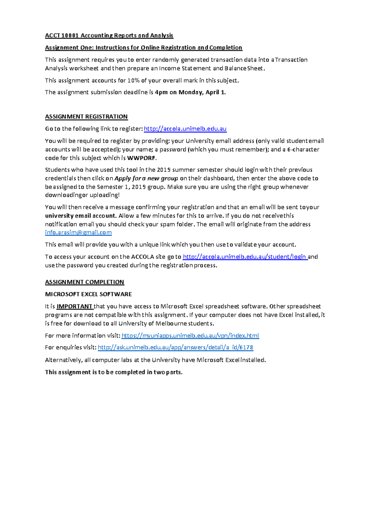 Assignment One Instructions -SM1, 2019 - ACCT 10001 Accounting Reports ...