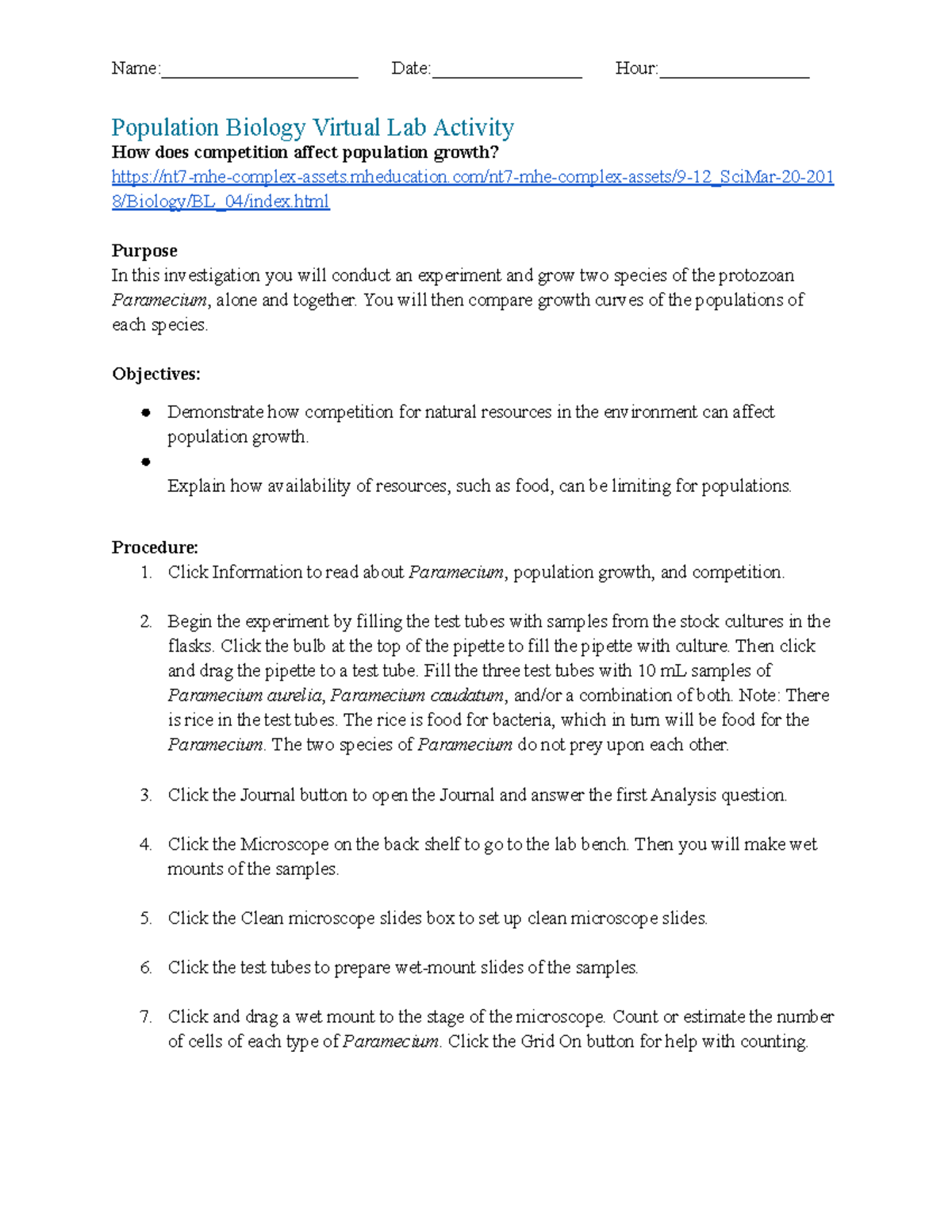 Population Biology Virtual Lab Activity-1 - mheducation/nt7-mhe-complex ...