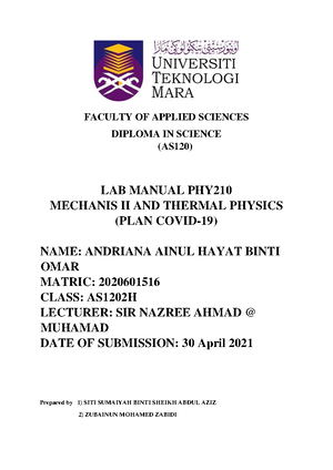 Physics Experiment 2 Lab Simple Harmonic Motion - PHY MECHANICS II AND ...