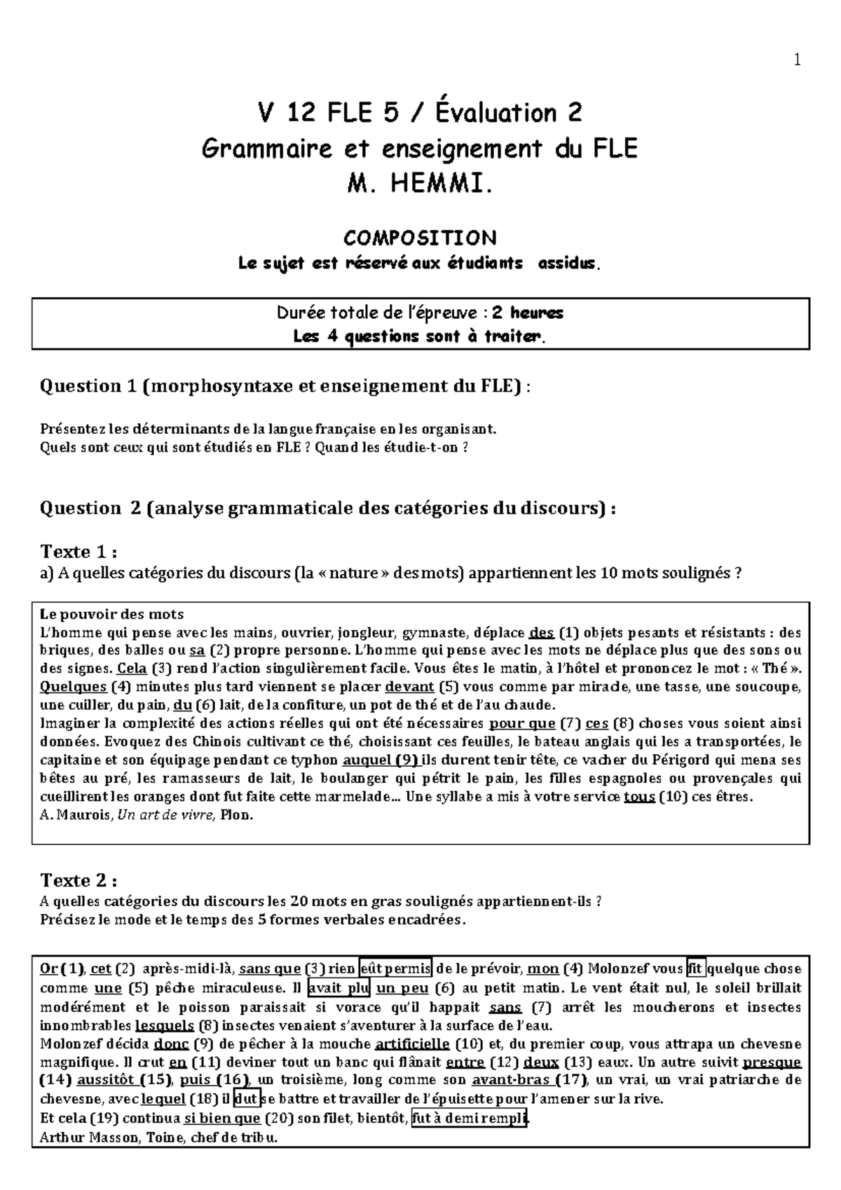 Examen 4 Octobre 2017, questions - 1 V 12 FLE 5 / Évaluation 2 ...