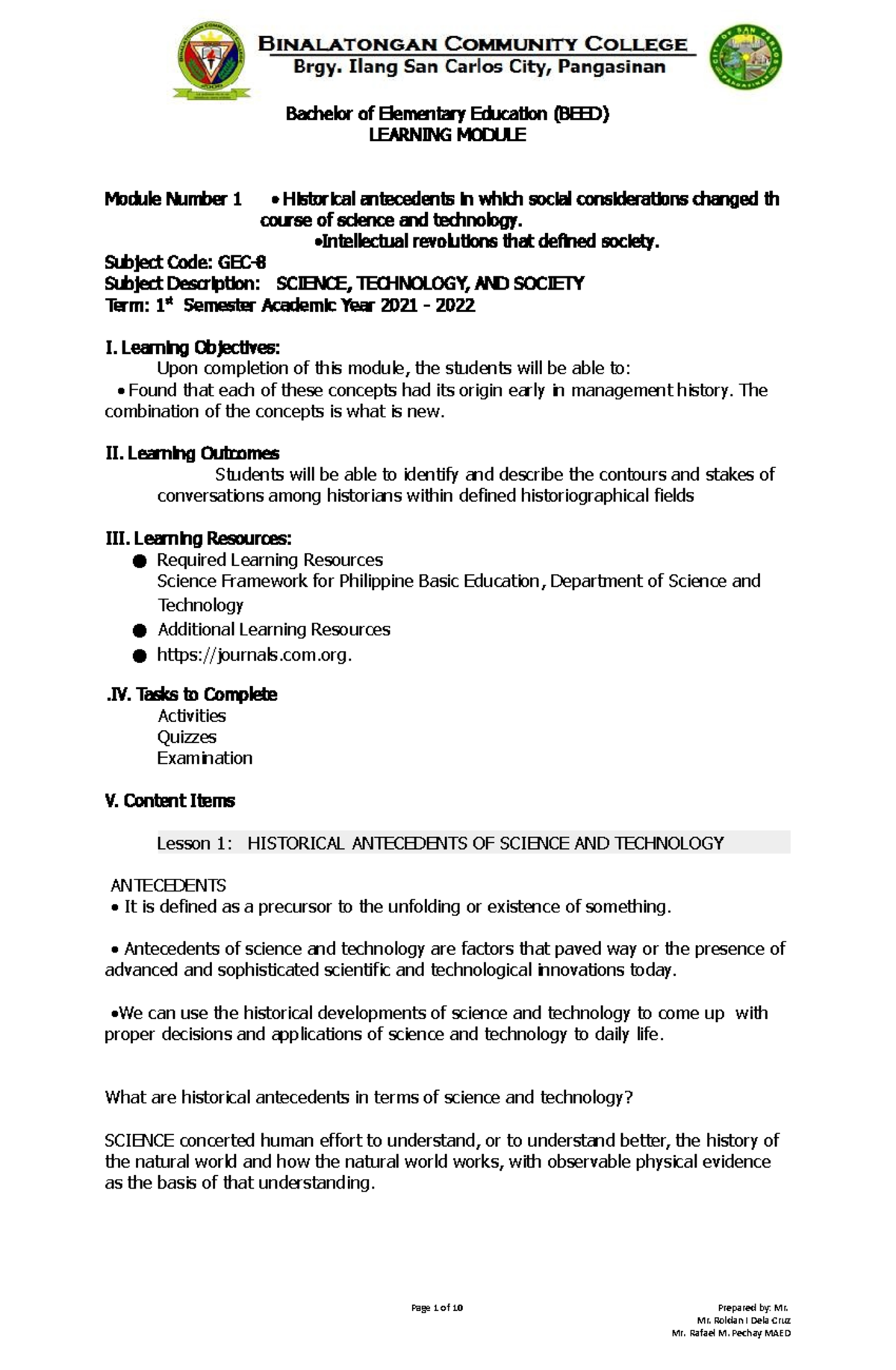 Module 1 sci tech soc - STS - Bachelor of Elementary Education (BEED ...