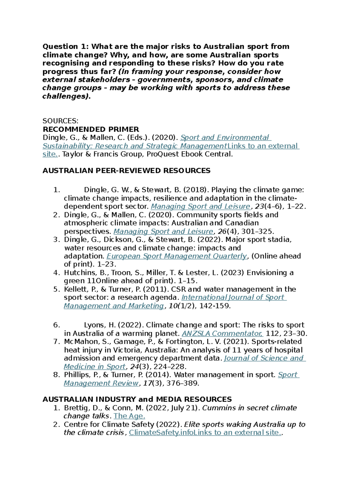 Aus sport sys doc - Question 1: What are the major risks to Australian ...