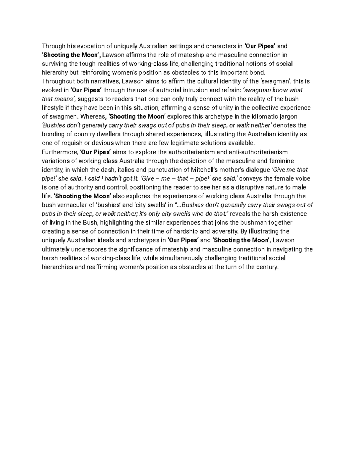 Our Pipes Shooting the Moon - Comparative Paragraph - Through his ...