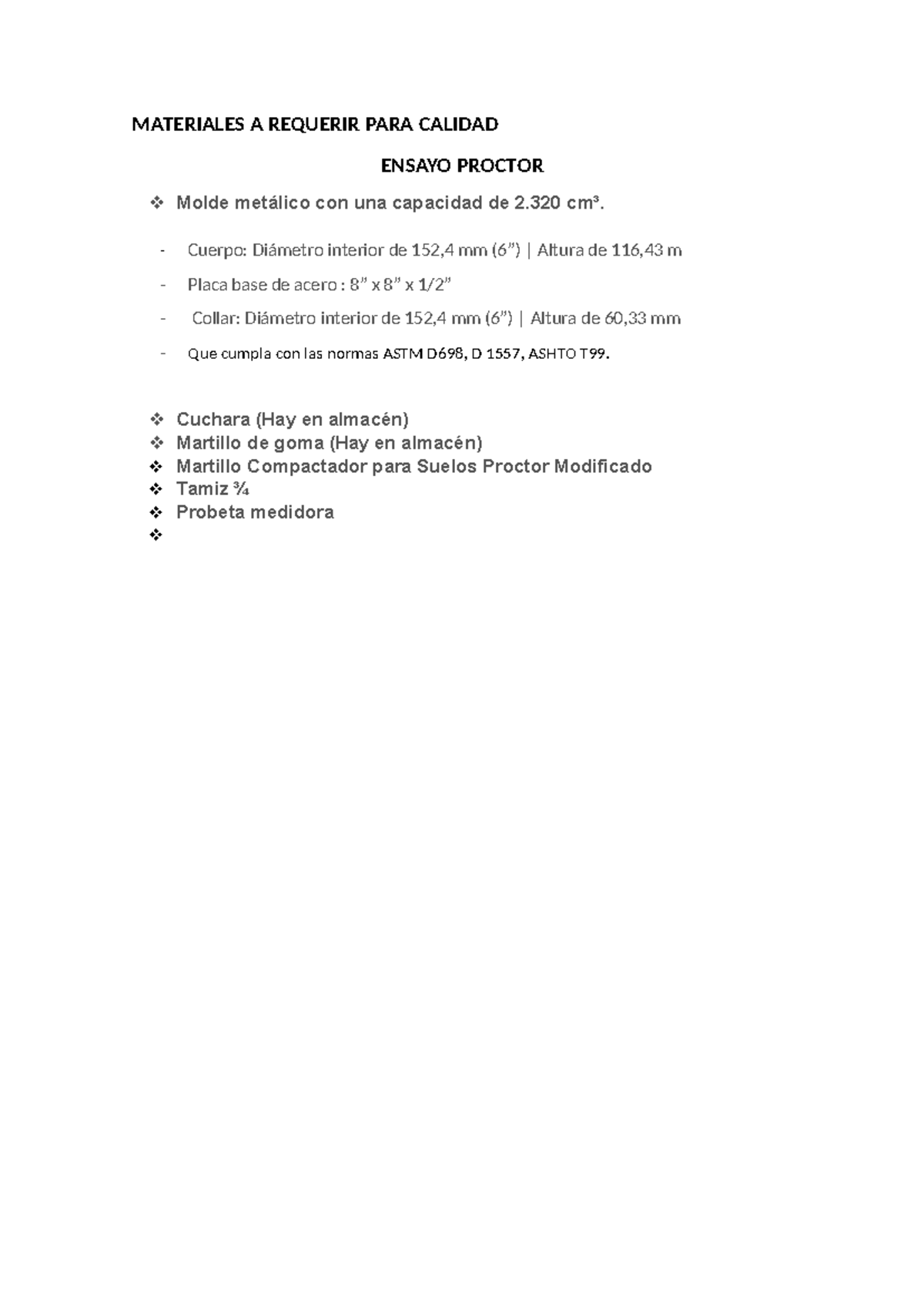 Materiales PROctor - MATERIALES A REQUERIR PARA CALIDAD ENSAYO PROCTOR ...