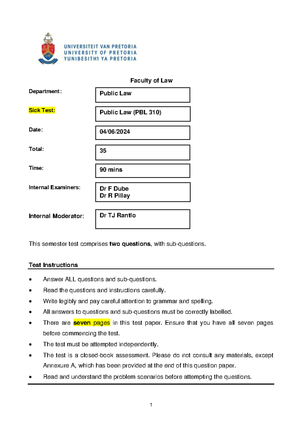 PBL 310 sick test MEMO - practice material. sick test memo and ...