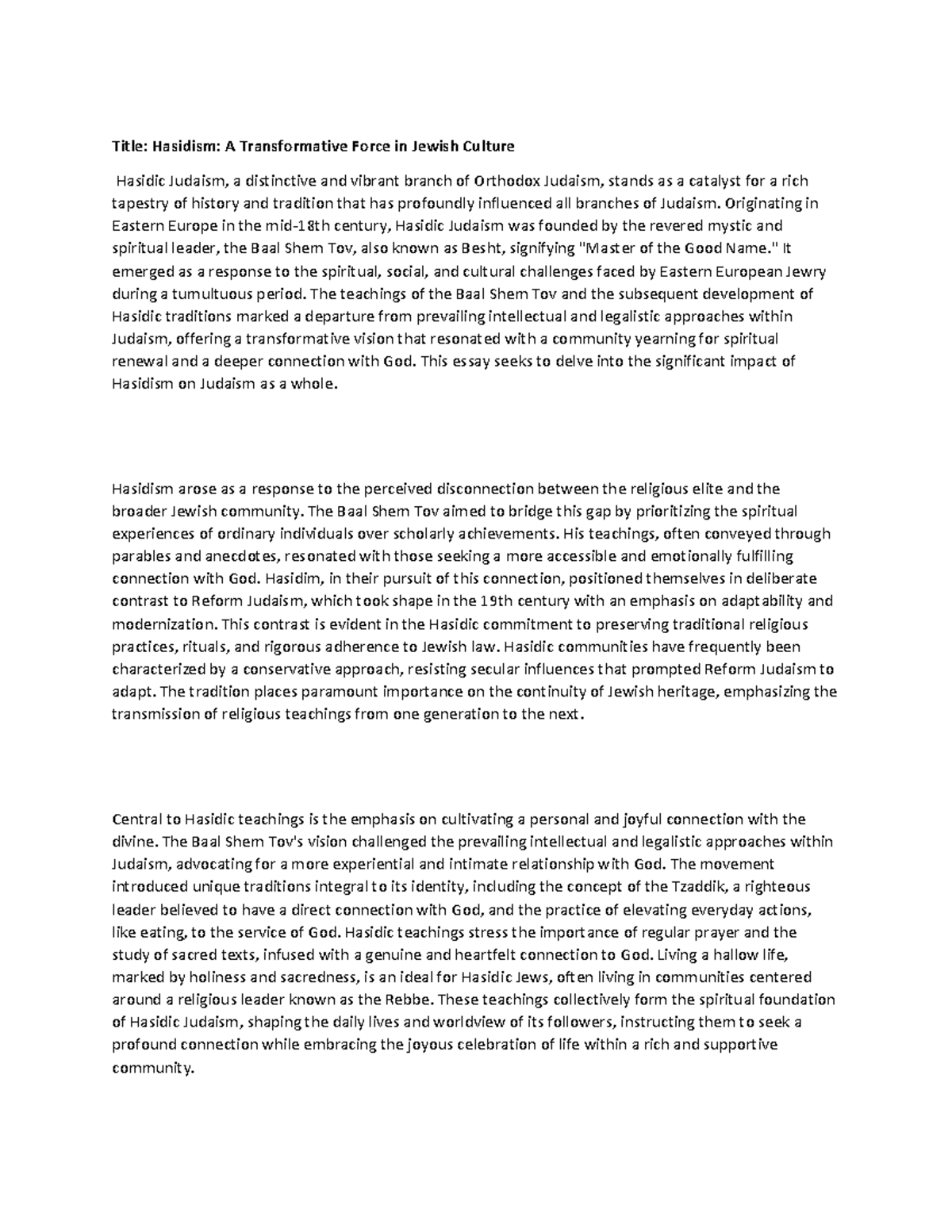 Hassidim essay - Title: Hasidism: A Transformative Force in Jewish ...