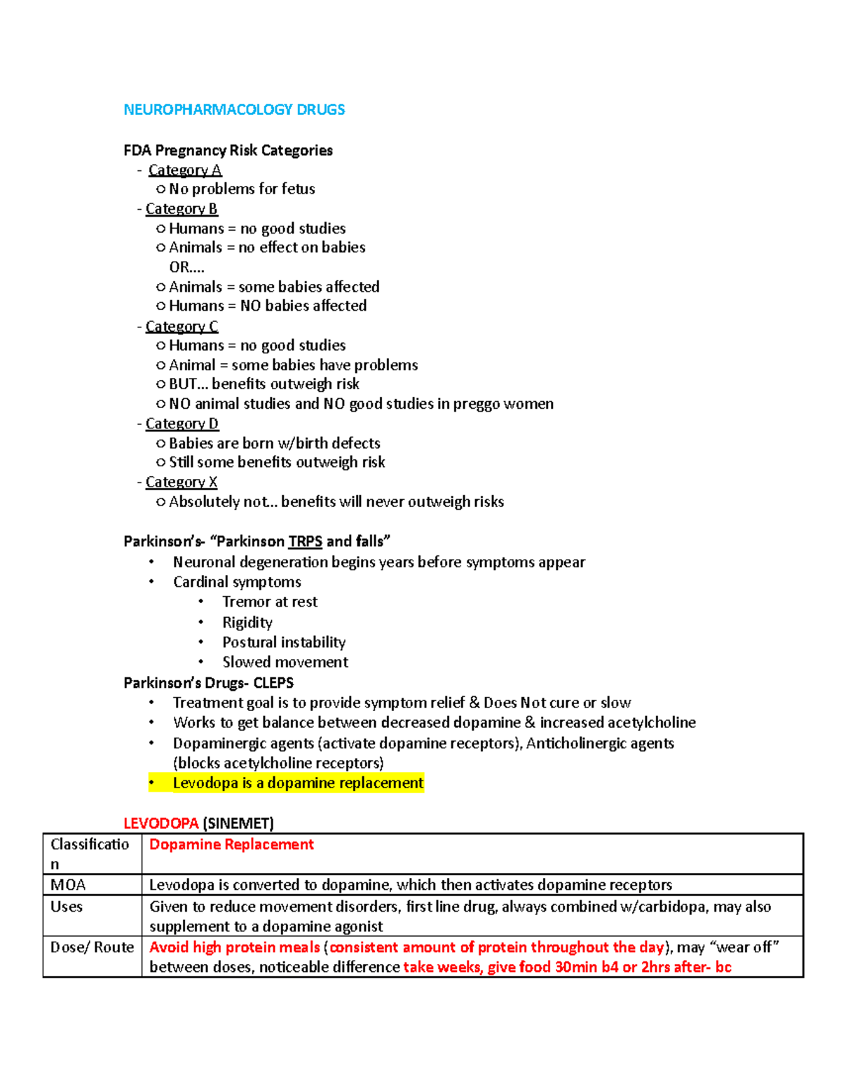 Neuropharm Drugs - notes - NEUROPHARMACOLOGY DRUGS FDA Pregnancy Risk ...
