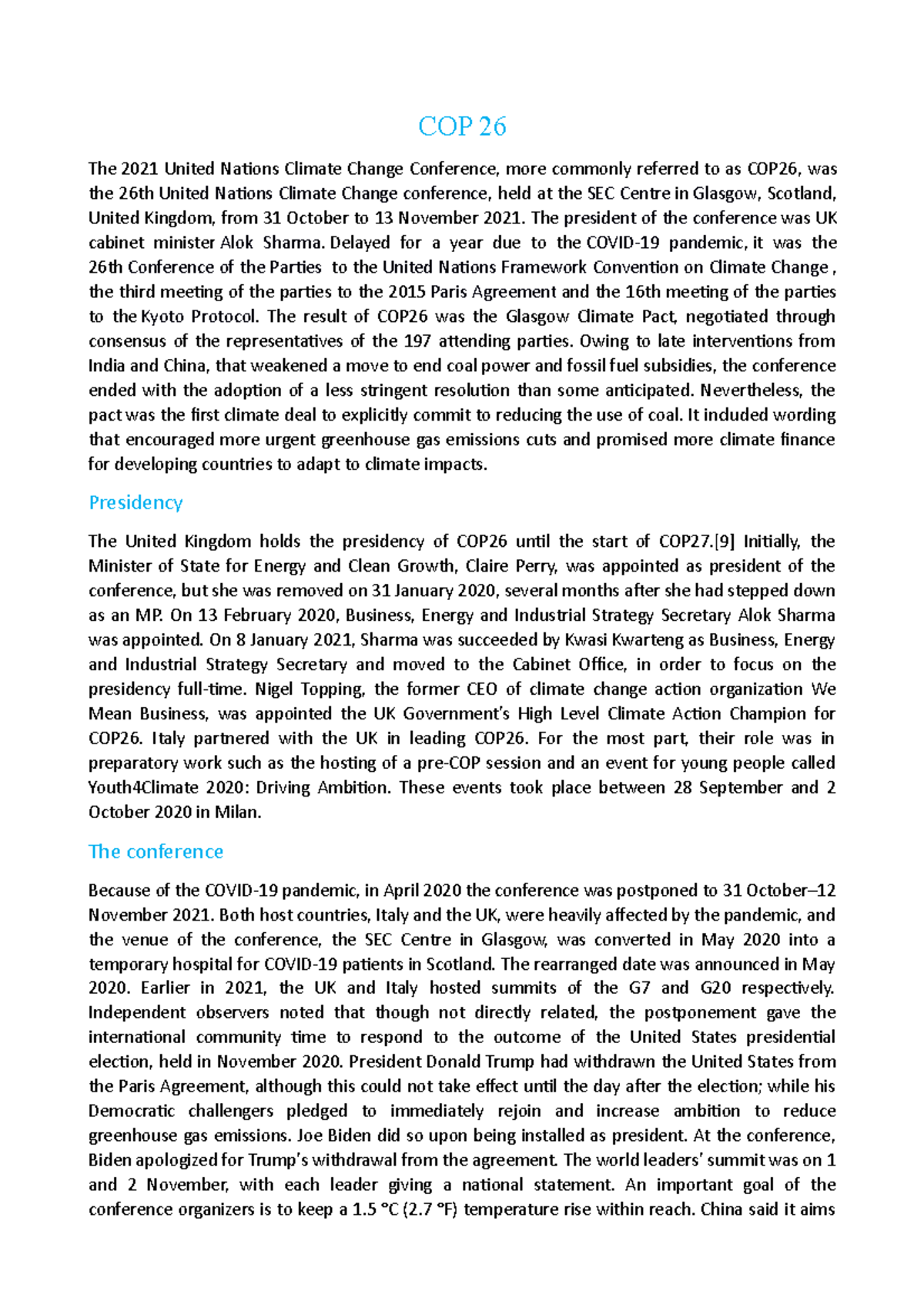 COP 26 - relazione su COP 26 - Lingua Inglese (Scientifico) - Tradizionale - Liceo Sbordone ...