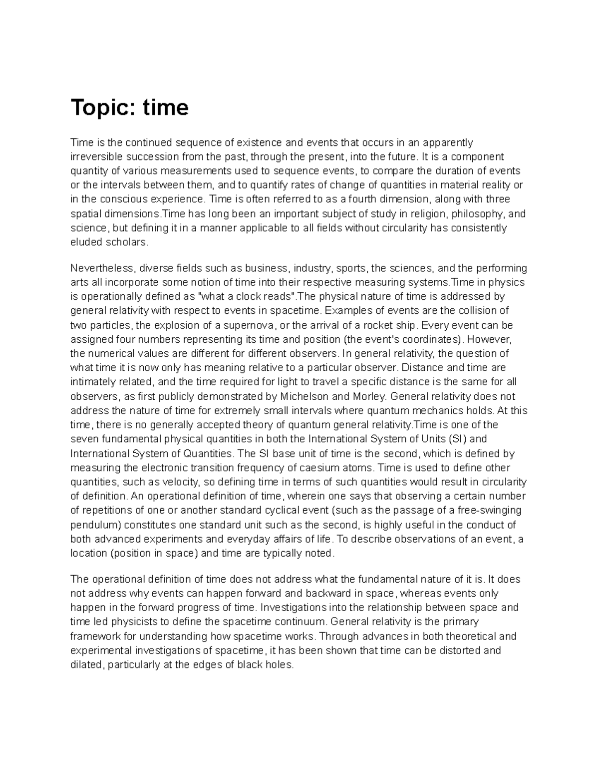 Time - Time essay - Topic: time Time is the continued sequence of ...