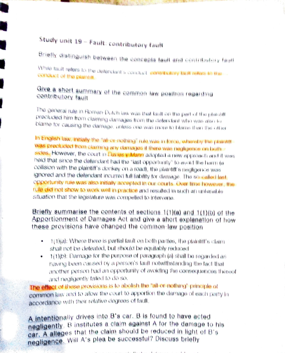 Kona - Summary for delict - Study unit 19 - Fautt: contributory tautt ...