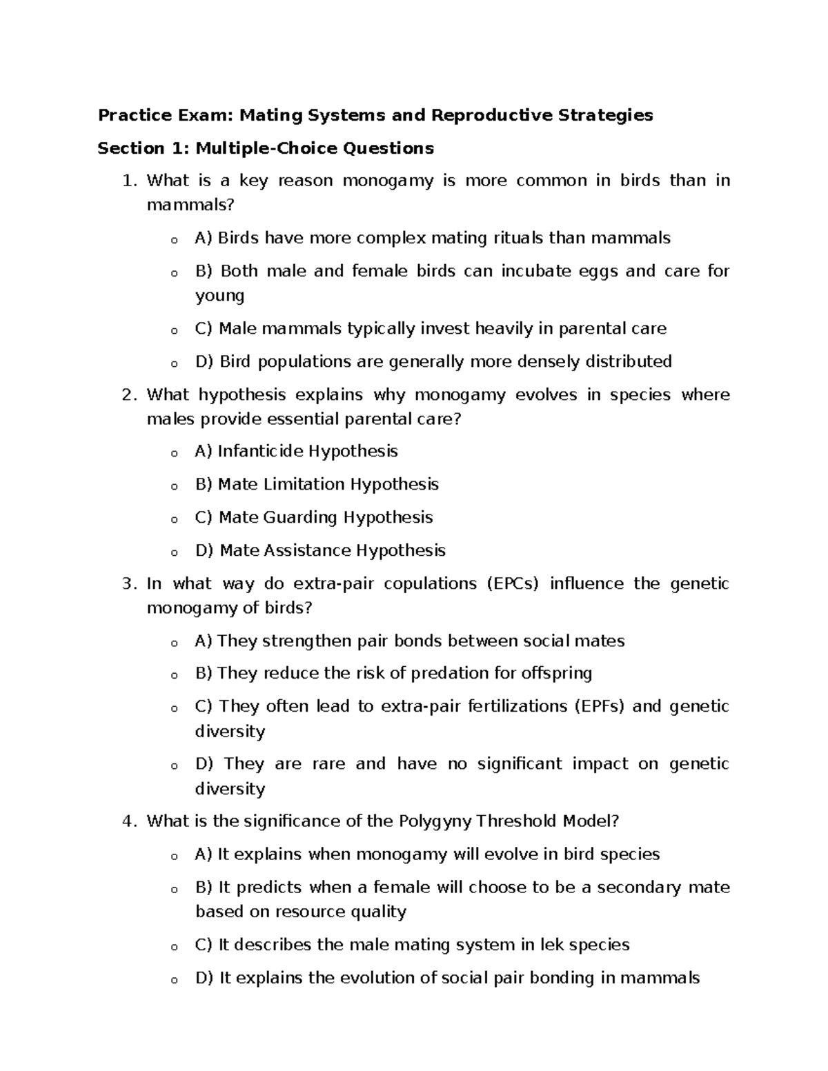 Practice Exam Ch. 10 - Practice Exam: Mating Systems and Reproductive ...
