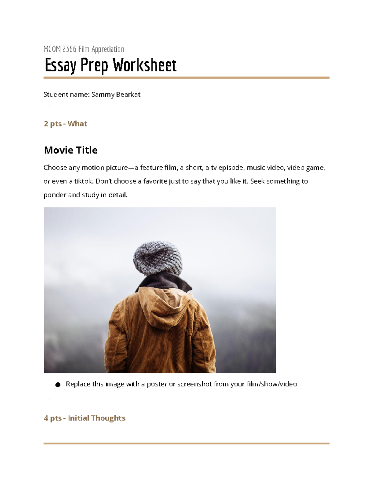 Essay Prep Worksheet - MCOM 2366 Film Appreciation Essay Prep Worksheet ...