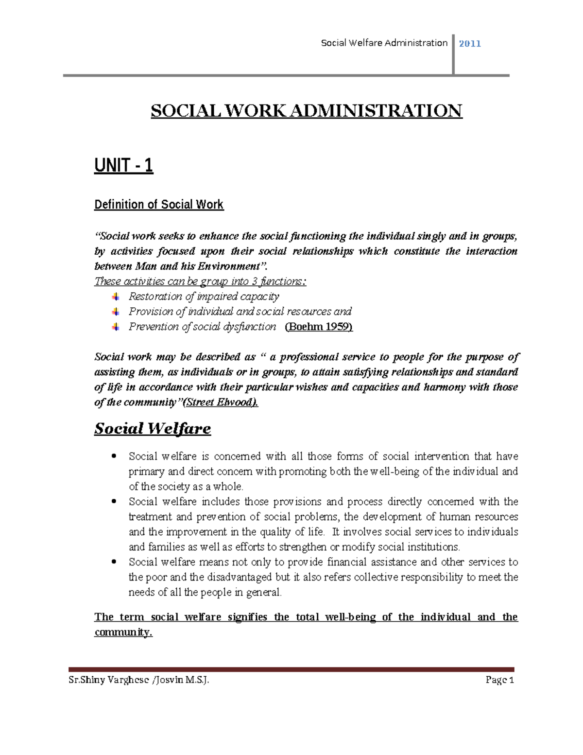 Social Welfare Administration - SOCIAL WORK ADMINISTRATION UNIT - 1 ...