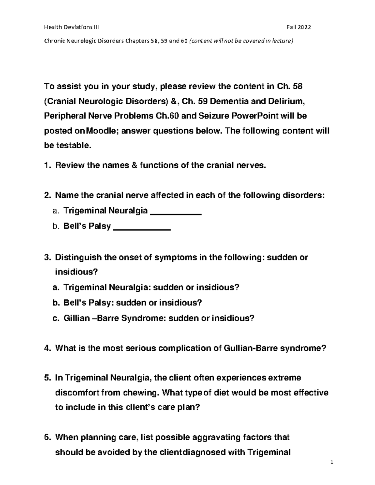 FALL 2022 Neuro Study Guide Chronic Neurologic Disorders study guide ...