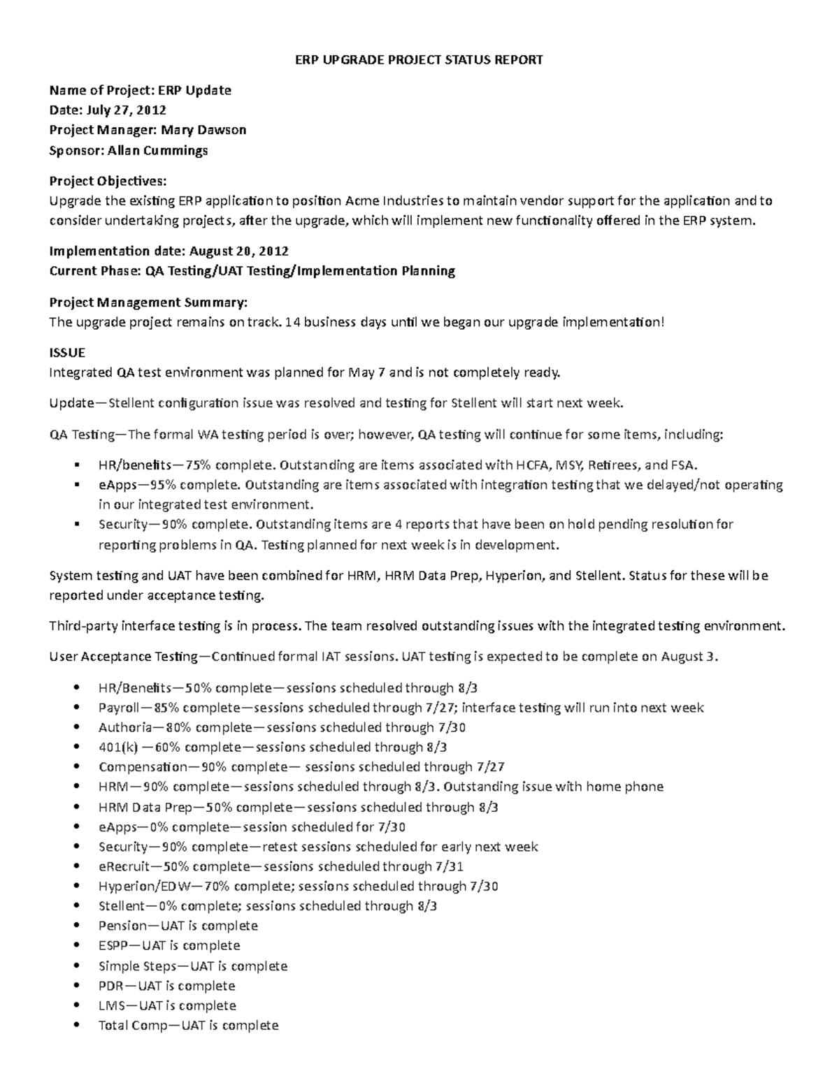 Module 13 Assignment Meghan Martel Erp Upgrade Project Status Report Name Of Project Erp