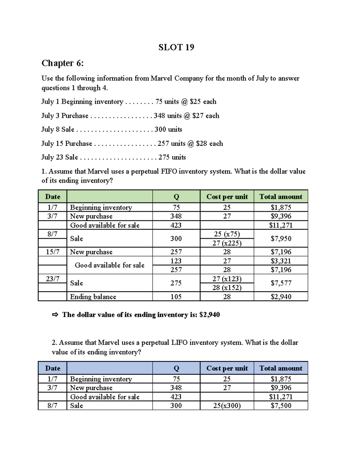 ACC101 bài tập về nhà - SLOT 19 Chapter 6: Use the following ...