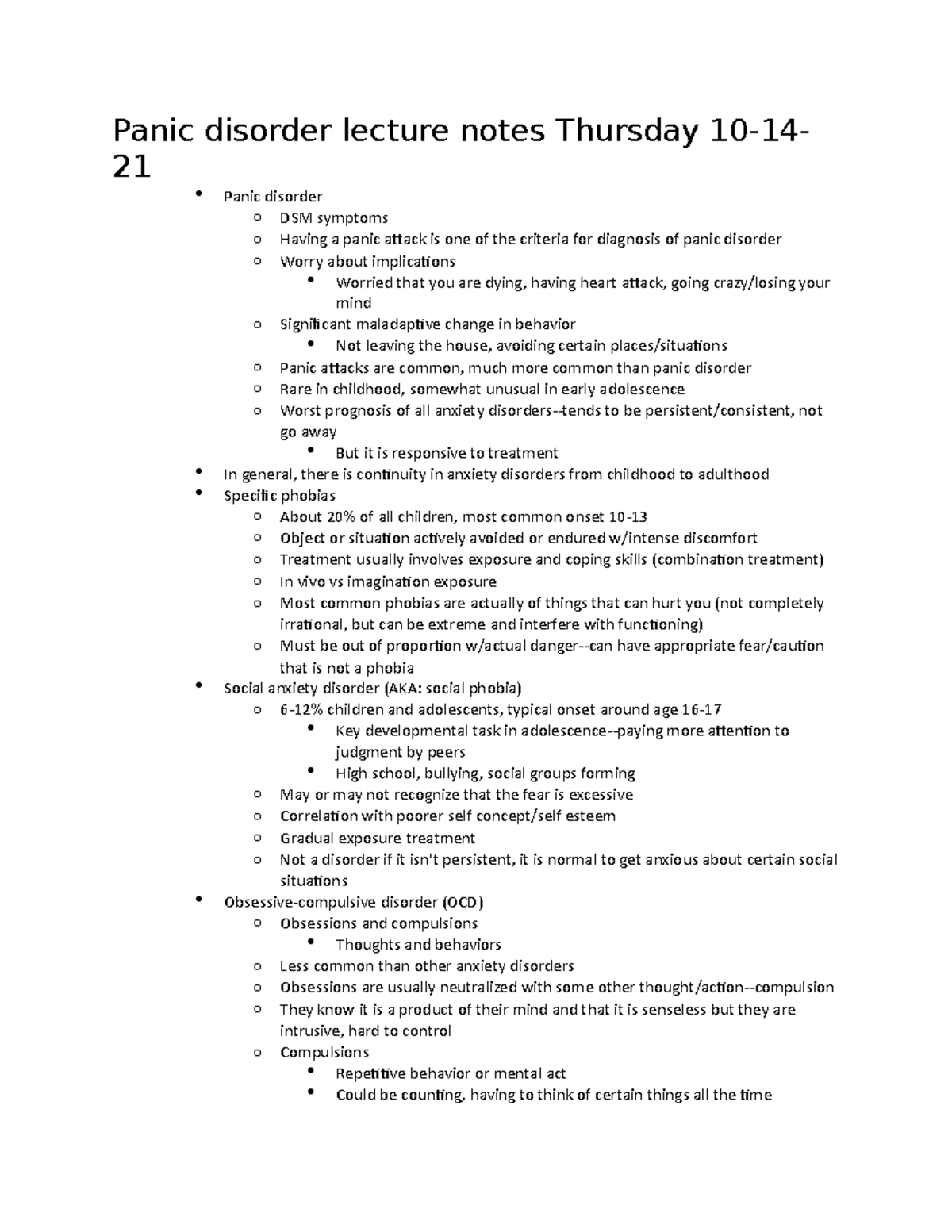 Panic disorder lecture notes Thursday 10 - Studocu
