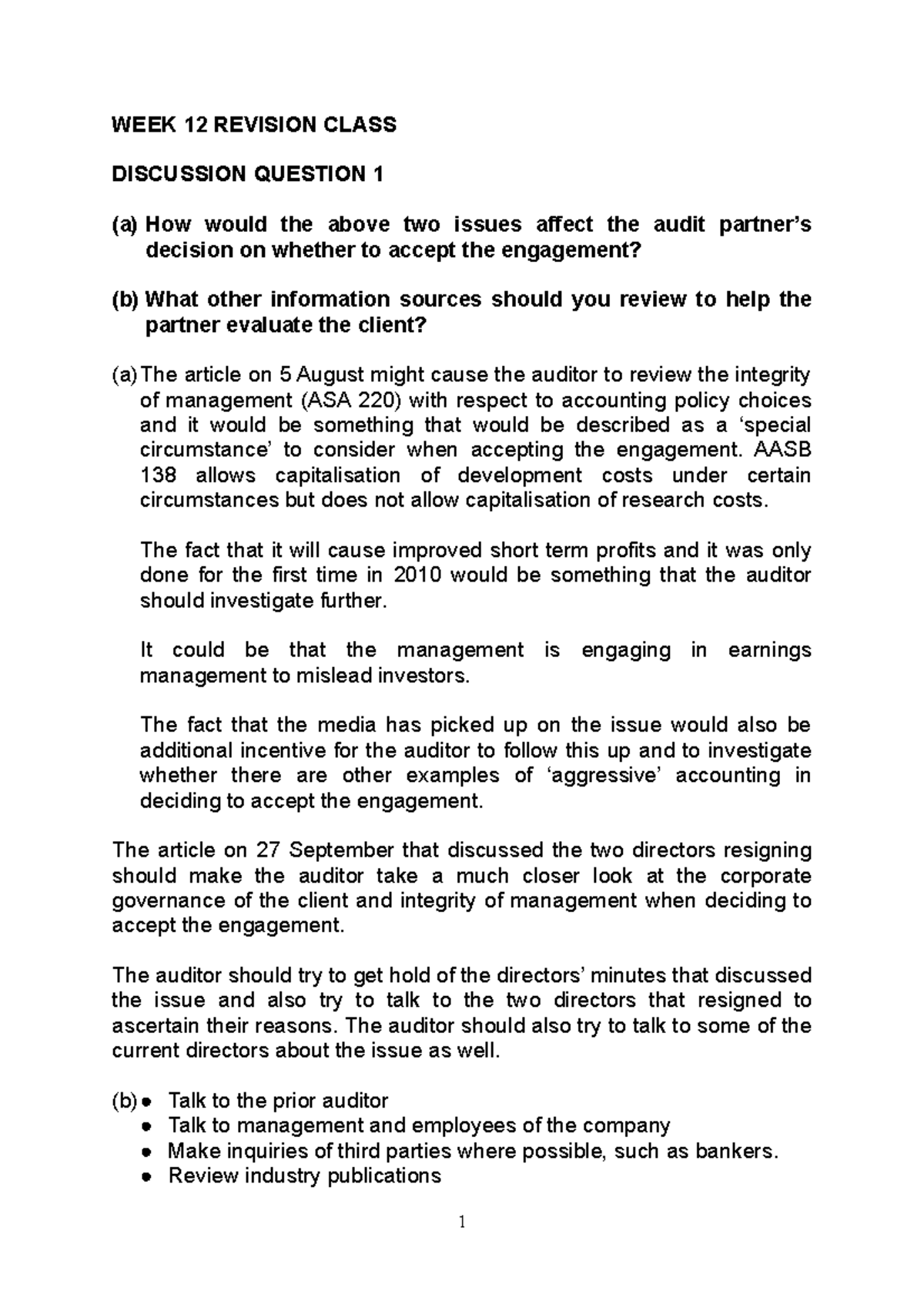 WEEK 12 Revision Class. answers to discussion questions - WEEK 12 REVISION CLASS DISCUSSION ...