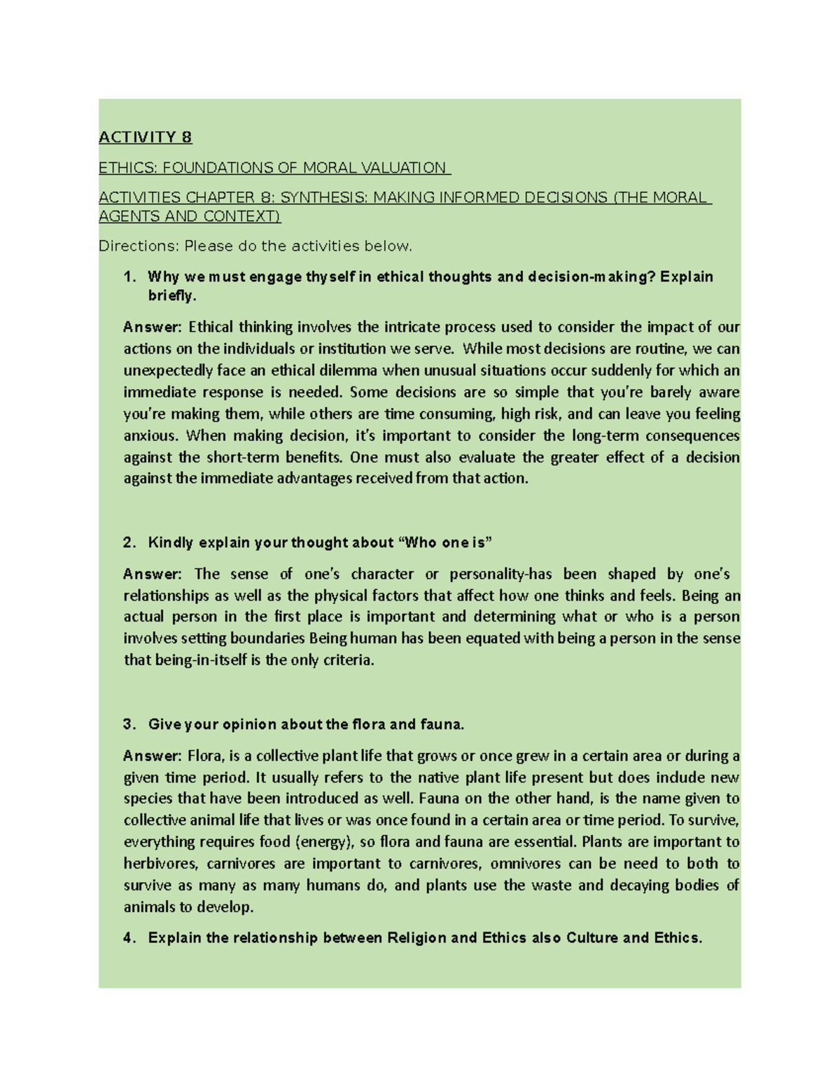 Olval 02 Chapter 8 - ACTIVITY 8 - ACTIVITY 8 ETHICS: FOUNDATIONS OF ...