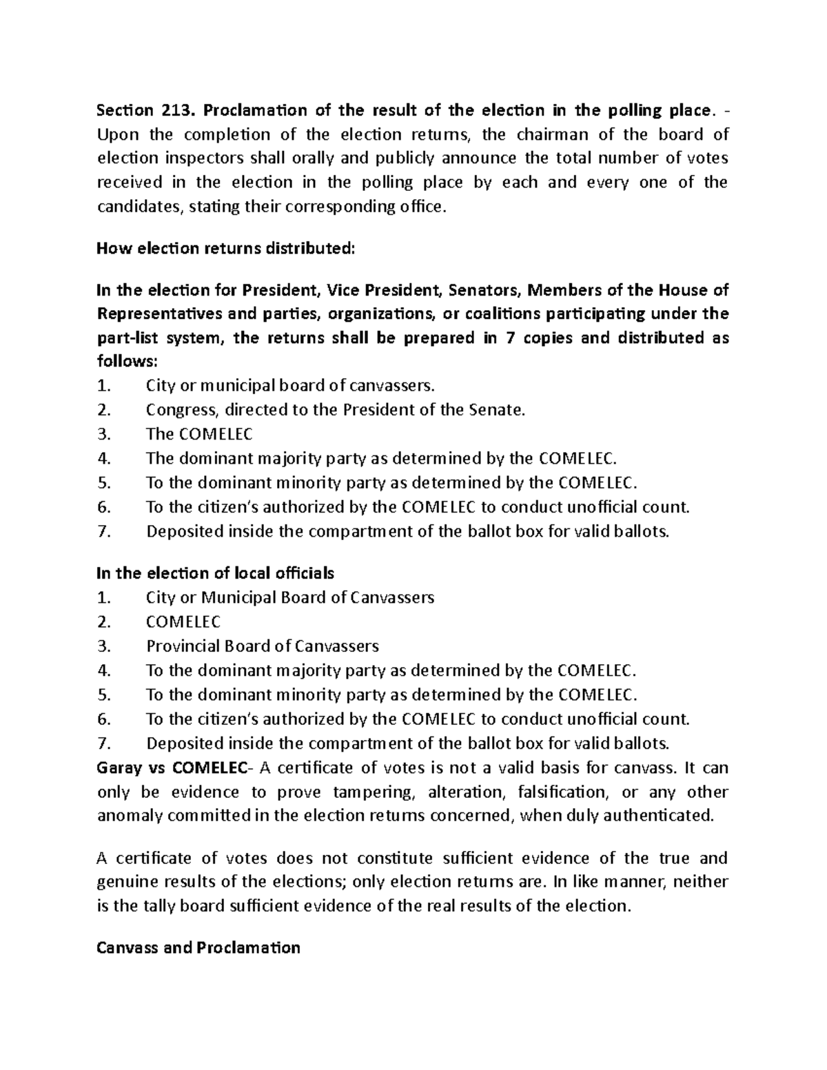 Section 213. Proclamation of the result of the election in the polling ...