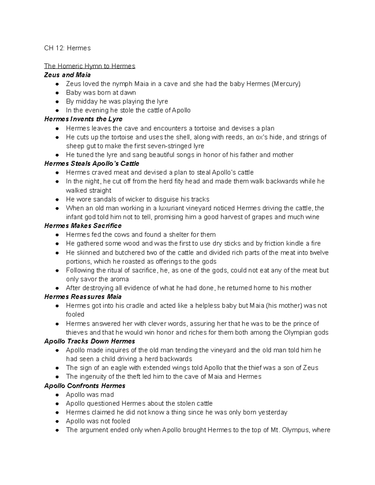CH 12 Book Notes - Summary Classical Mythology - CH 12: Hermes The ...