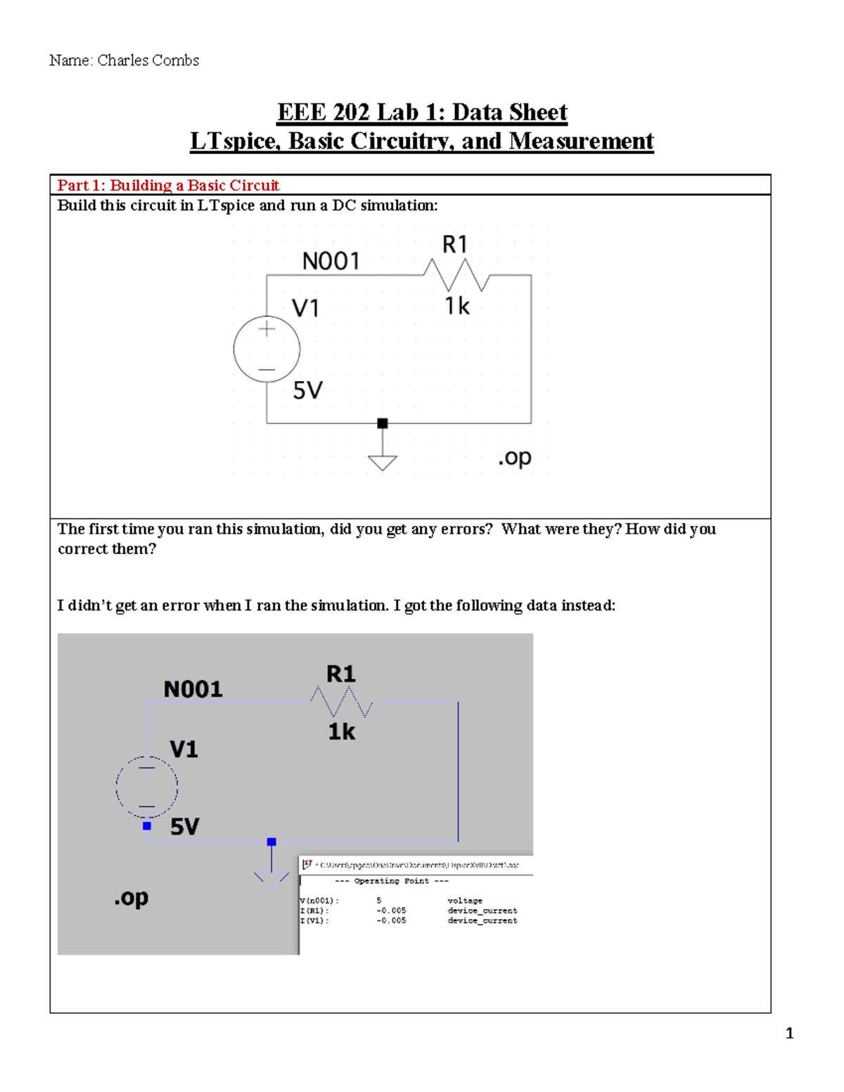 Eee Lab 1 Its Lab 1 For Eee 202 Name Charles Combs Eee 202 Lab 1 Data Sheet Ltspice Basic