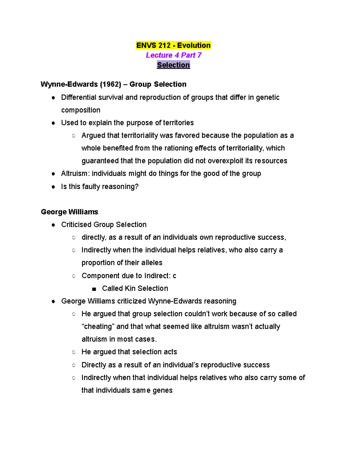 ENVS 212 Lecture 4 Part 7 - Spring 2020 - ENVS 212 - Evolution Lecture 4 Part 7 Selection - Studocu