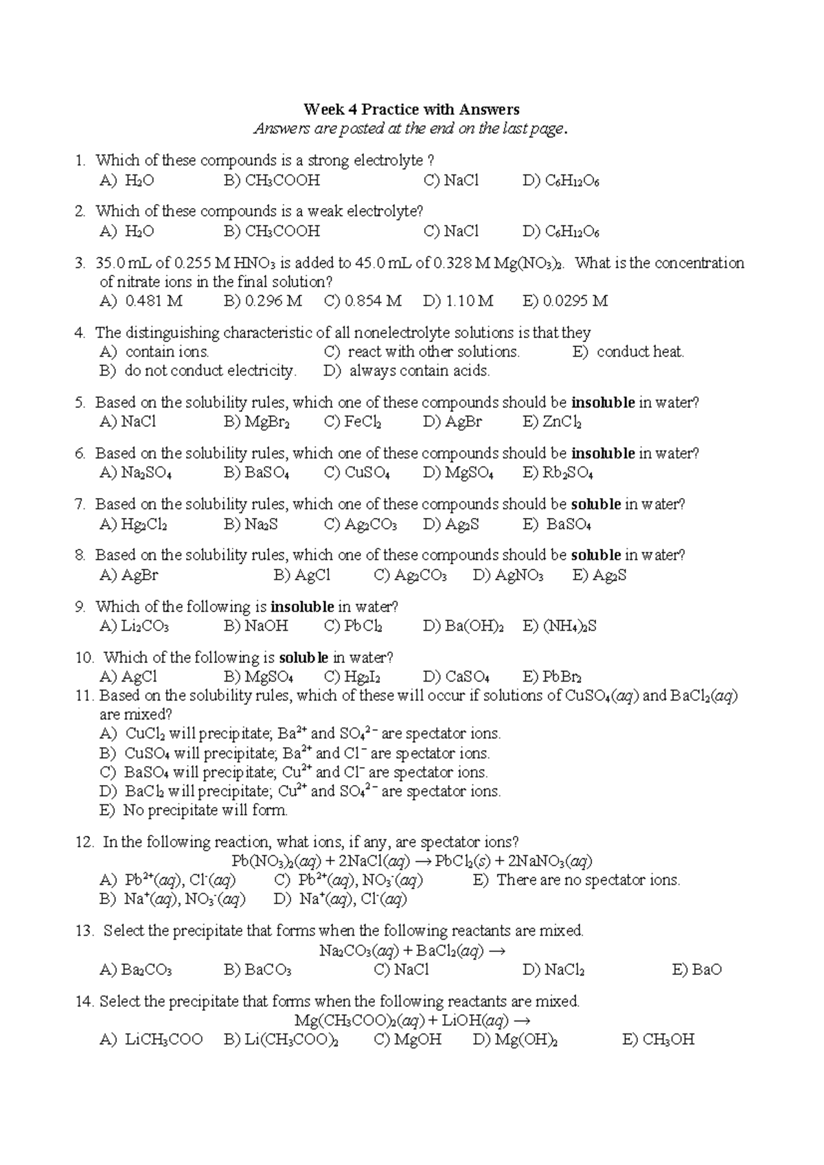 CHM 2045 Week 4 Practice Questions - Week 4 Practice with Answers Answers are posted at the end ...