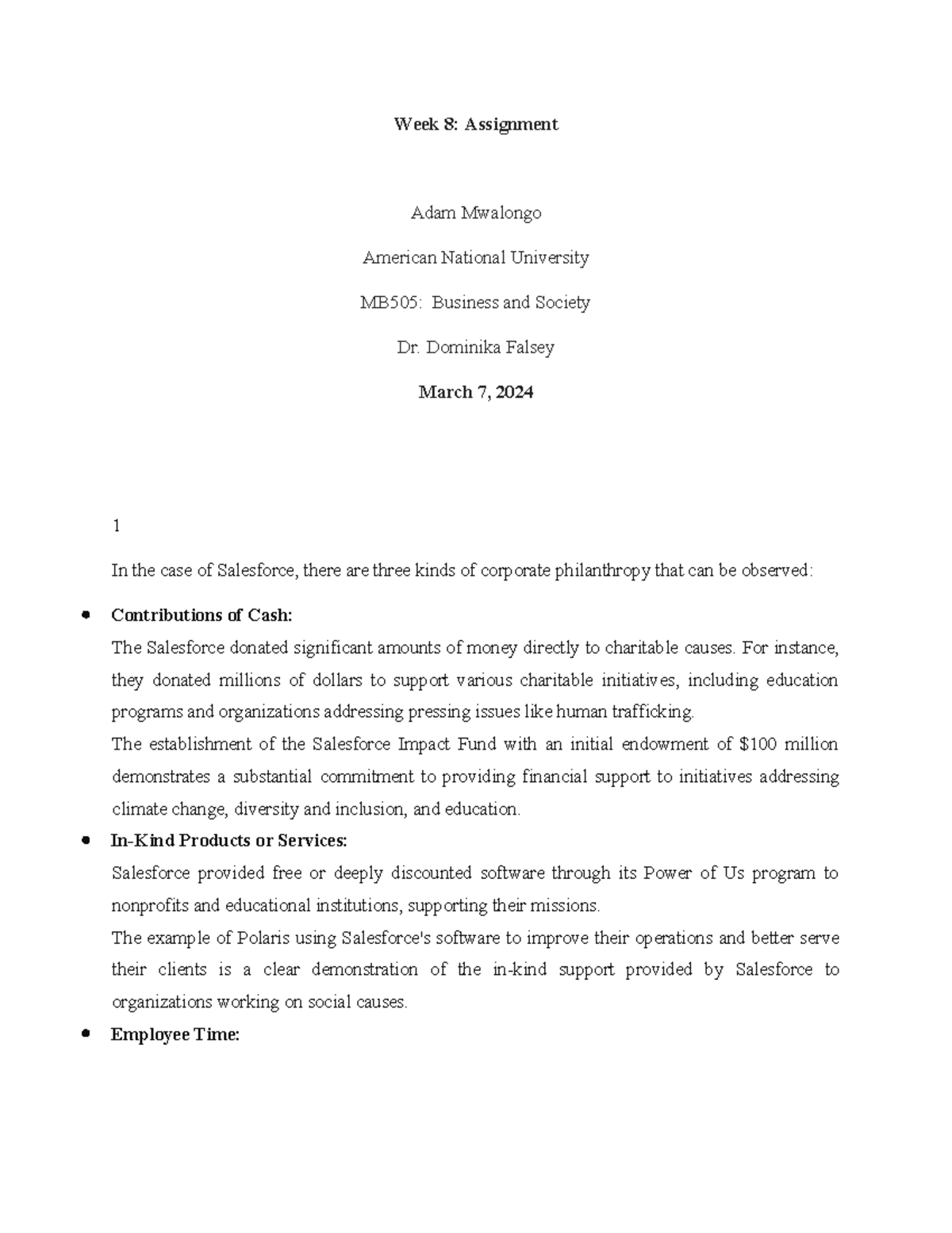 Assignment 8 - Week 8: Assignment Adam Mwalongo American National ...