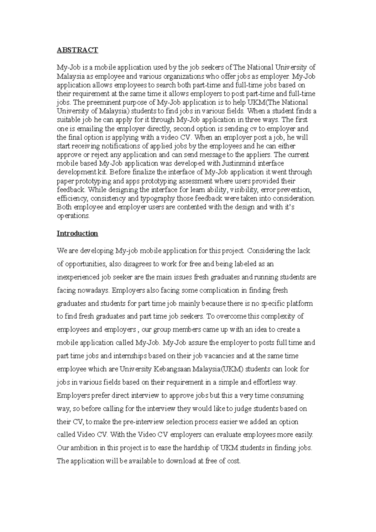 Tecnnical Report abstract intro background - ABSTRACT My-Job is a ...