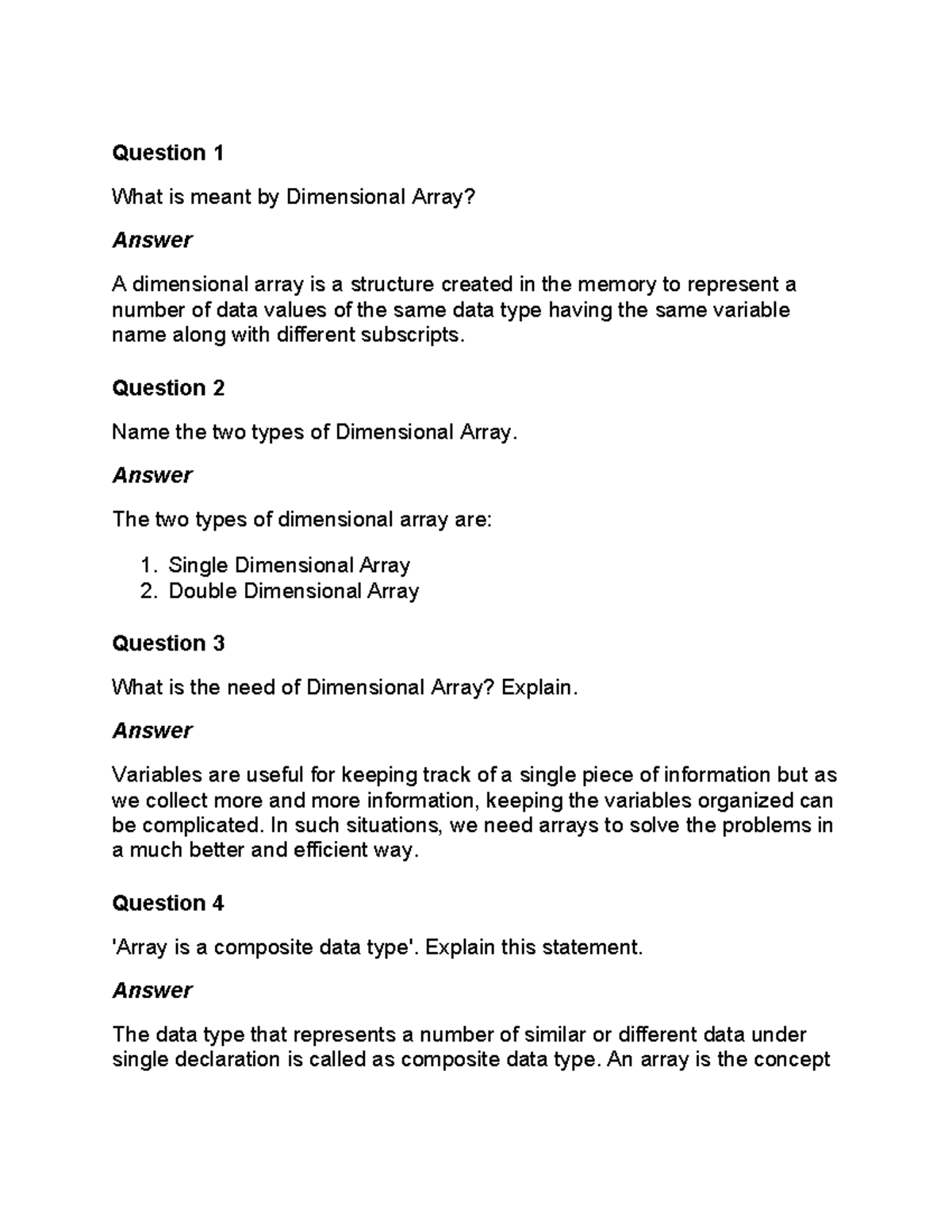 Array new 10 - 1 - Question 1 What is meant by Dimensional Array ...