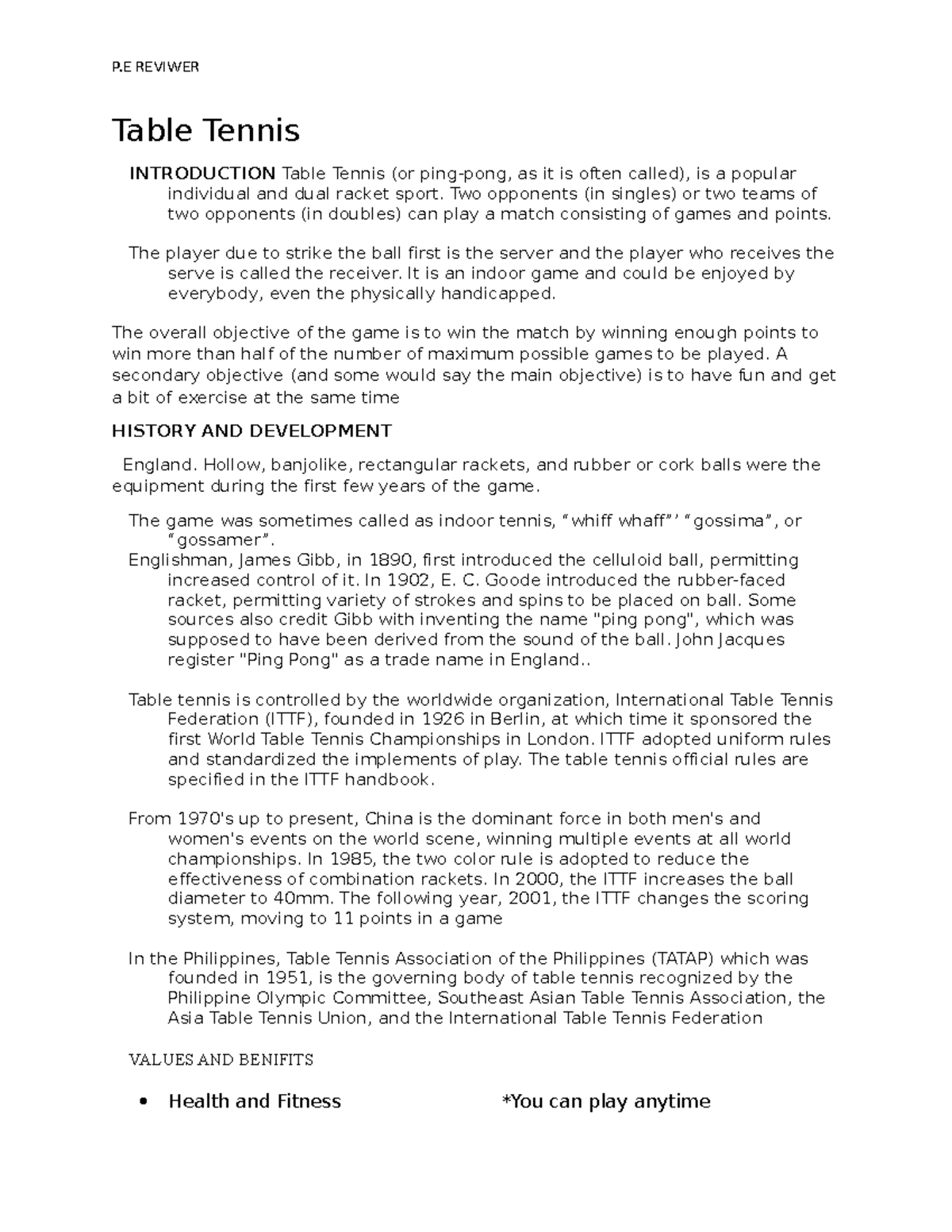 Table Tennis reviewer - Table Tennis INTRODUCTION Table Tennis (or ping ...