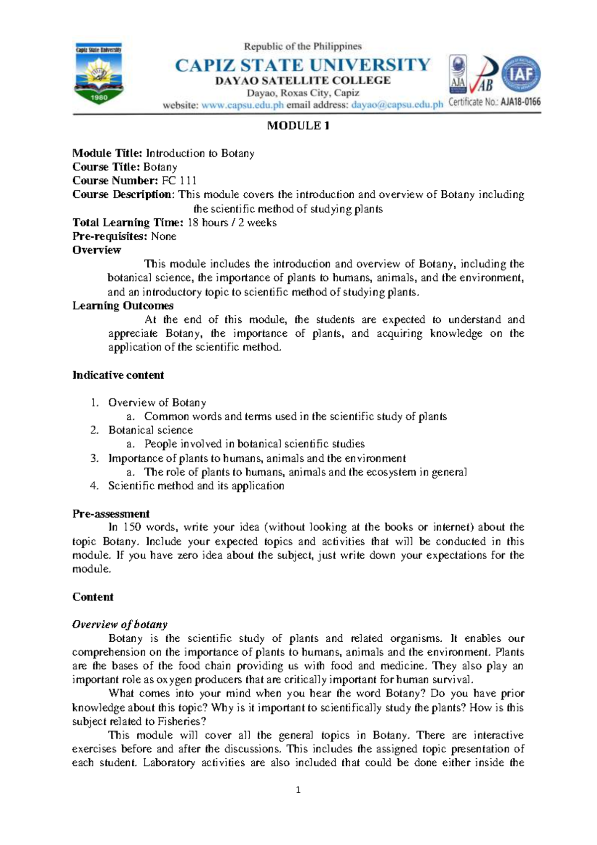 Month 1 Modules 1 2 - MODULE 1 Module Title: Introduction to Botany ...