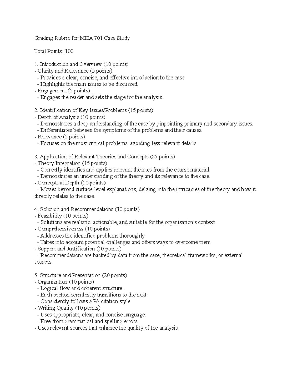Grading Rubric for Case Study - Grading Rubric for MHA 701 Case Study ...