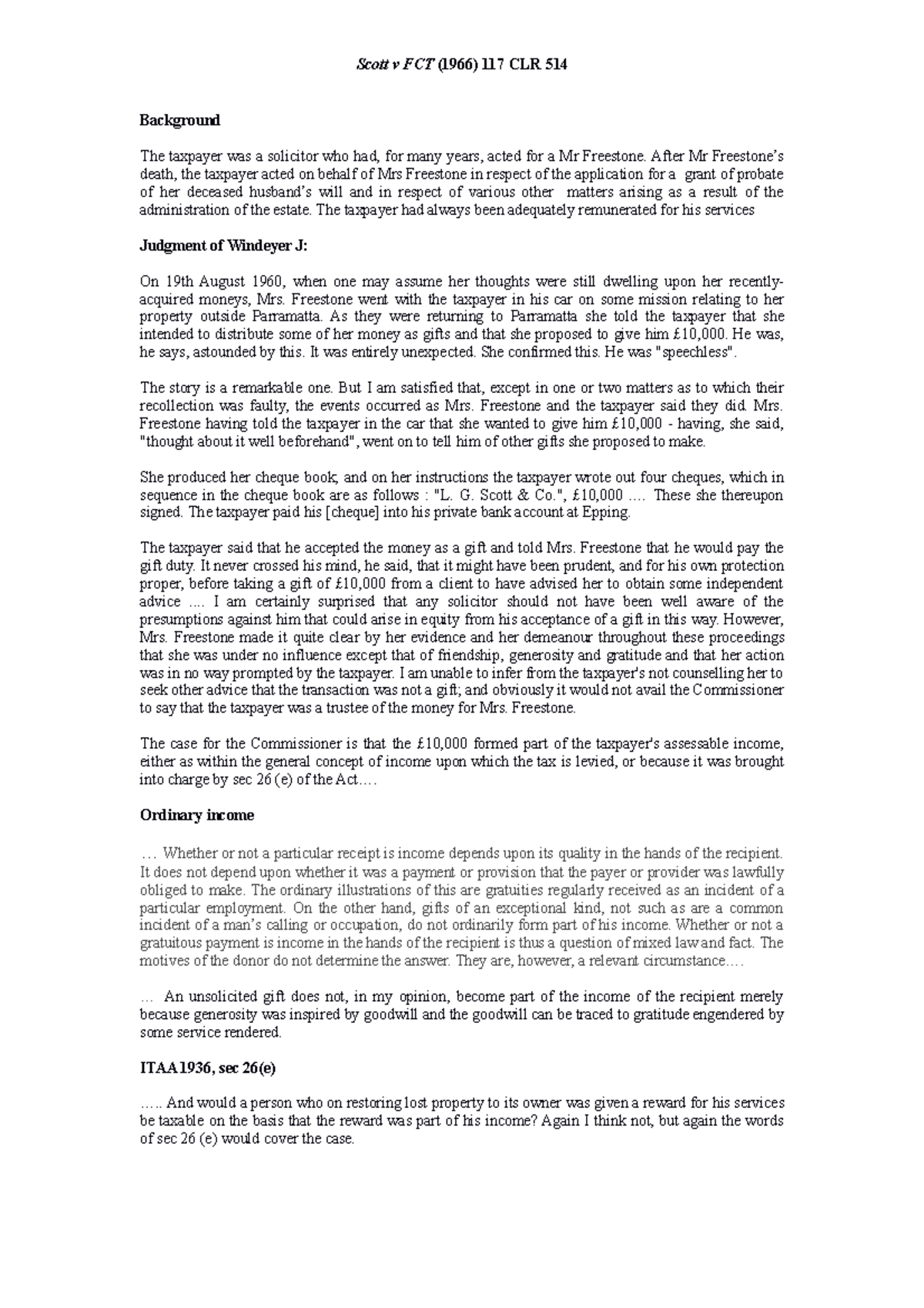 FCT v Scott (1966) - lecture notes - Scott v FCT (1966) 117 CLR 514 ...