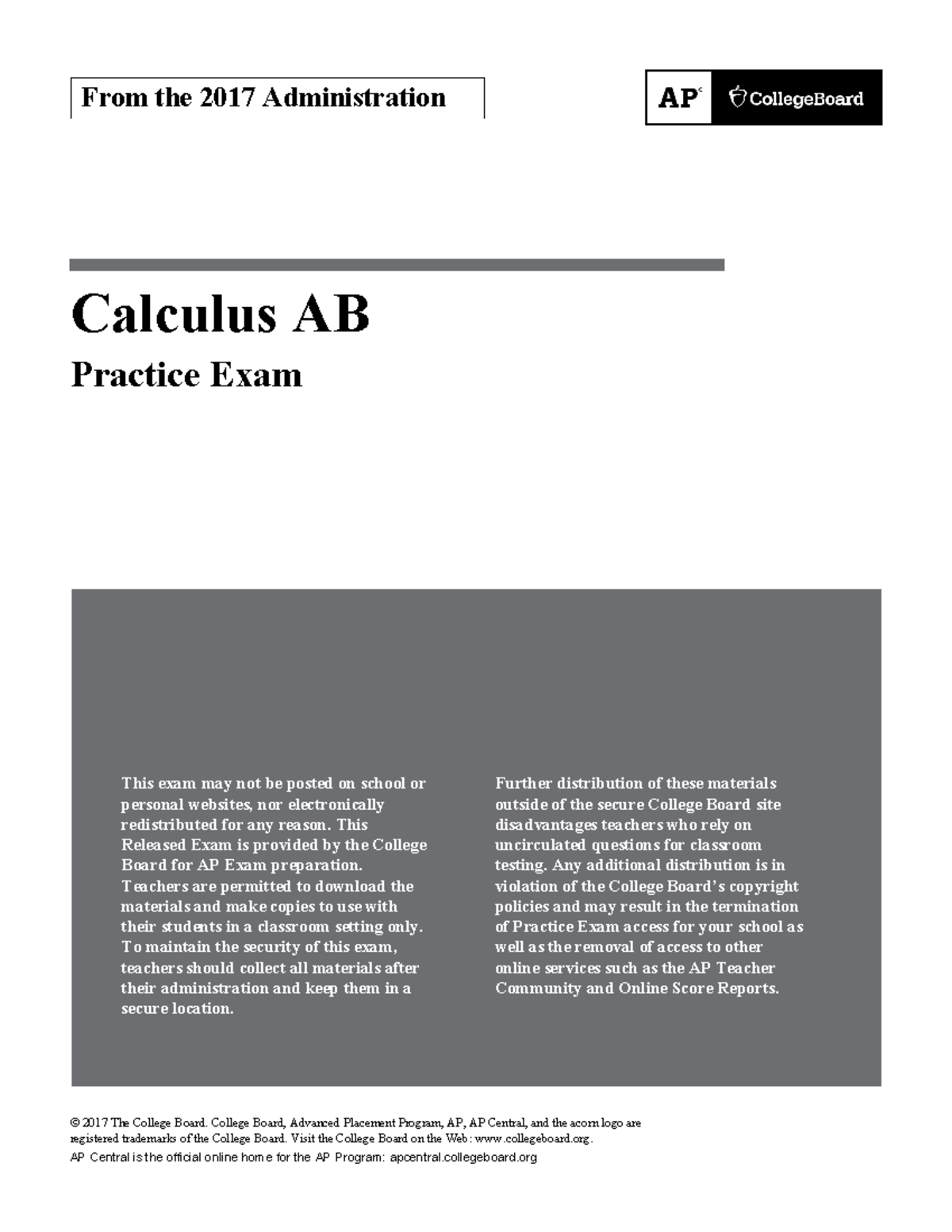 2017 Practice Exam - From the 2017 Administration Calculus AB Practice ...