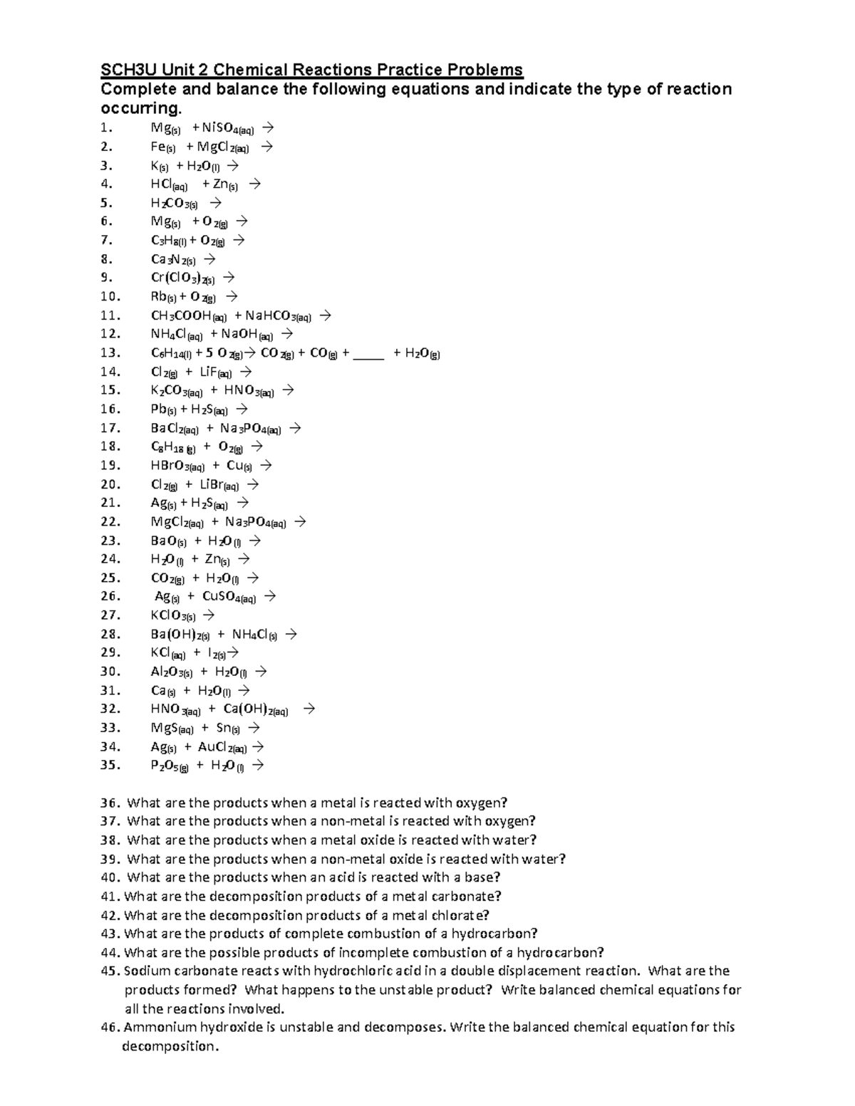 2.13 practice problems - SCH3U Unit 2 Chemical Reactions Practice ...