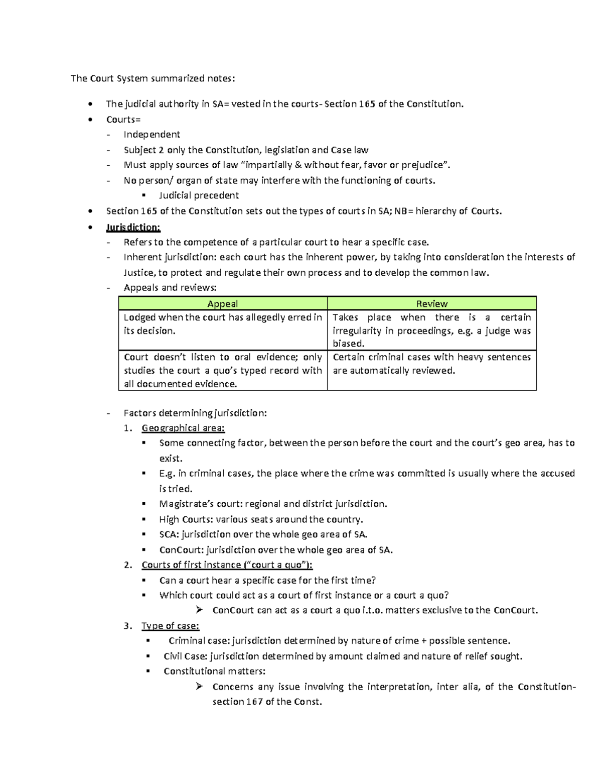 The Court System summarized notes - Courts= - Independent - Subject 2 ...