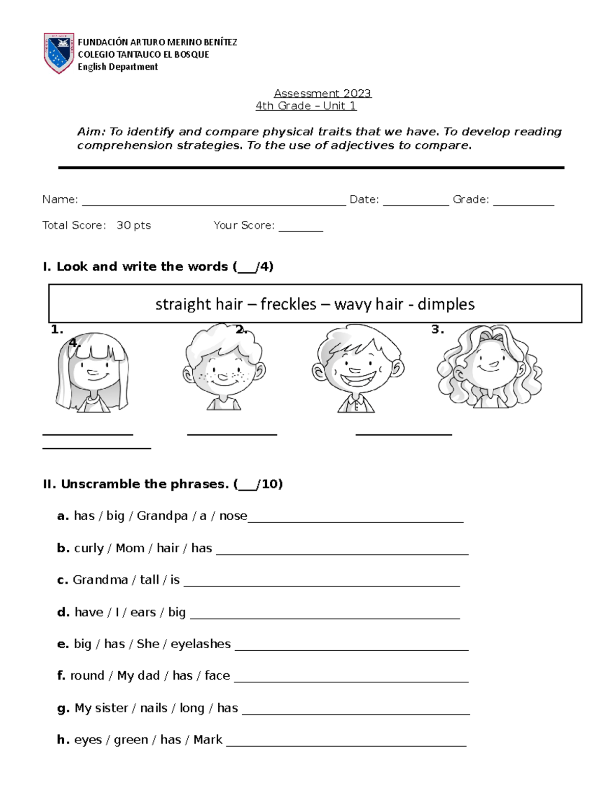 Assessment U1 - 4th grade - FUNDACIÓN ARTURO MERINO BENÍTEZ COLEGIO ...