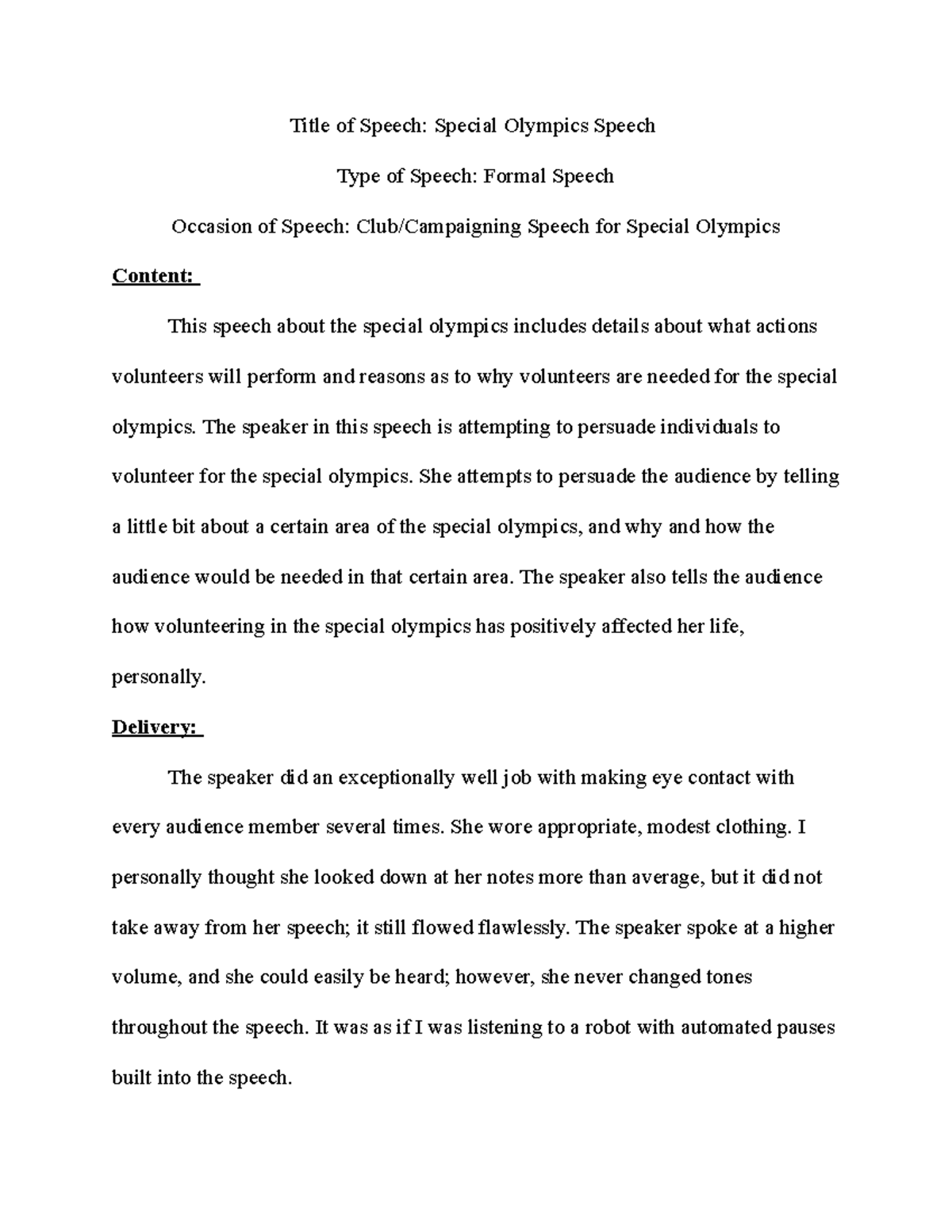 Public Speaking Module 12 - Title of Speech: Special Olympics Speech ...