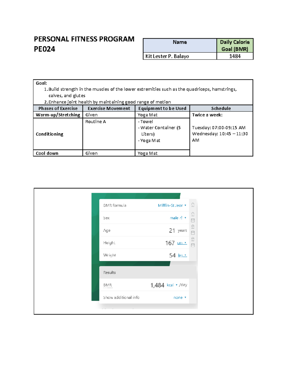 PE024 Personal Fitness Program - PERSONAL FITNESS PROGRAM PE Goal: 1 ...