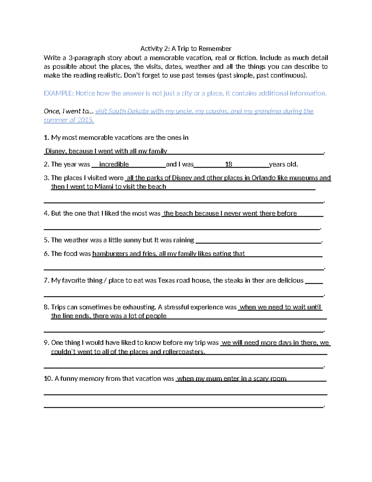 Activity 2 - Activity 2: A Trip to Remember Write a 3-paragraph story ...