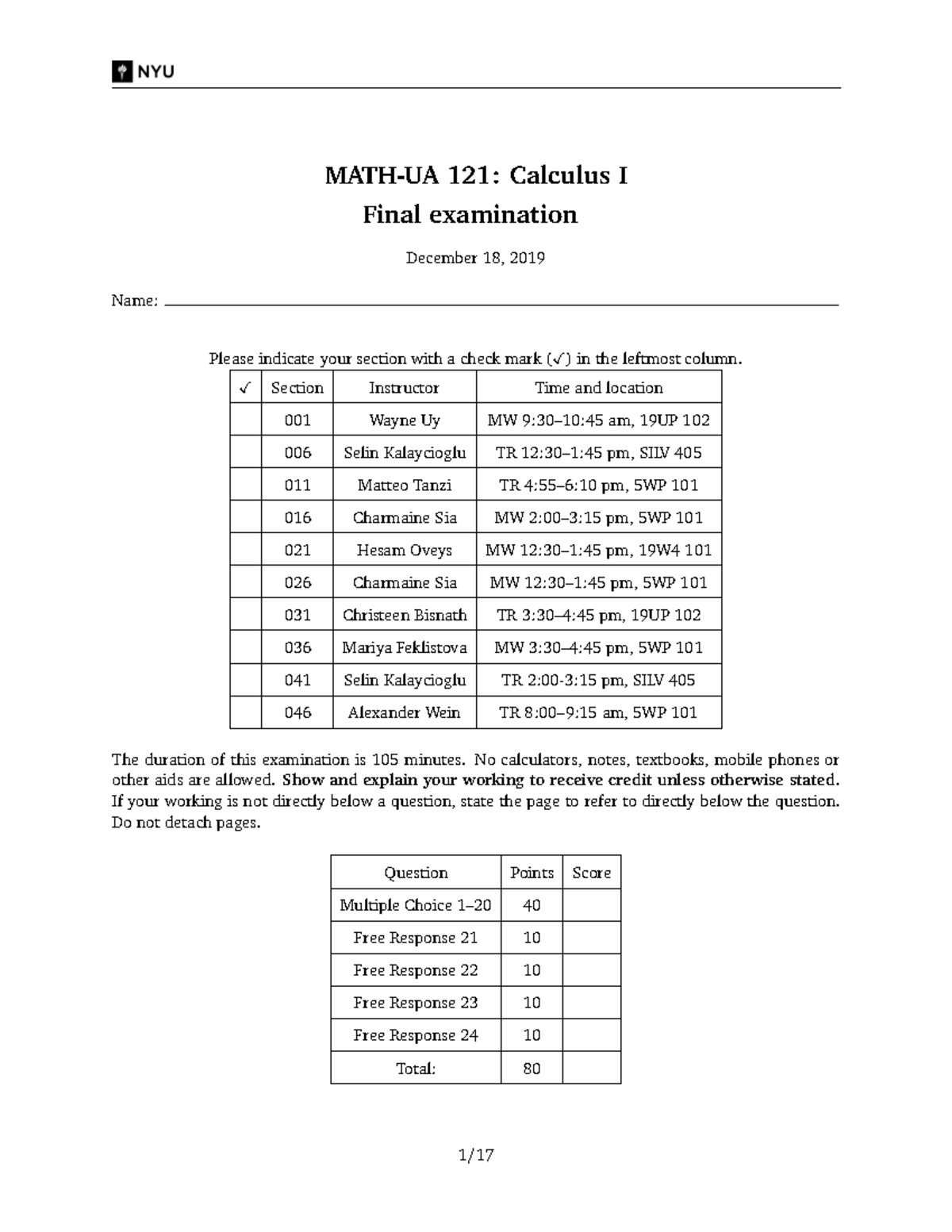 Calculus 1 Final 2019 - Final examination December 18, 2019 Name ...