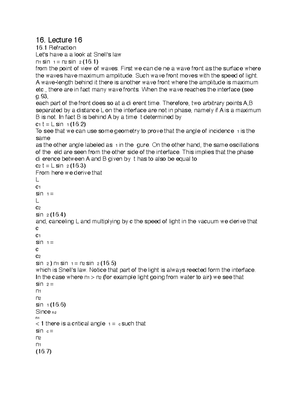 Phys 16 - physics lecture 16 class notes - 16. Lecture 16 16 Refraction ...