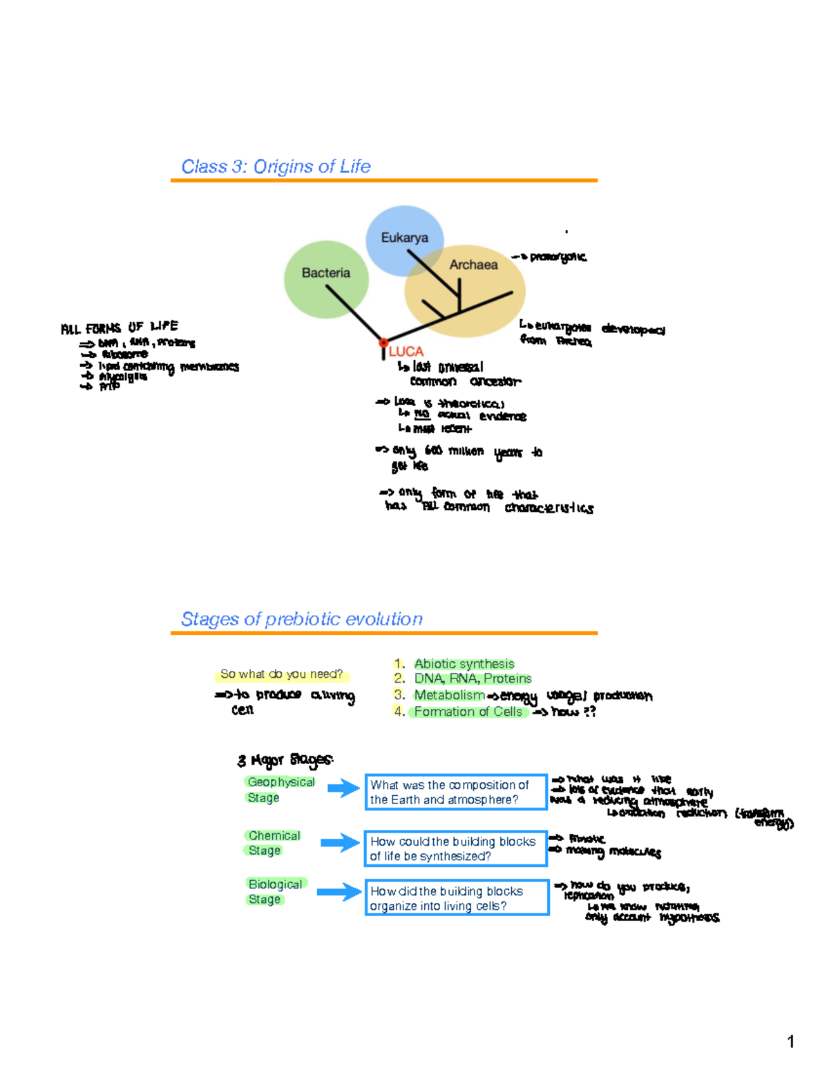 Cycle 2 - note - 1 Class 3: Origins of Life Stages of prebiotic ...