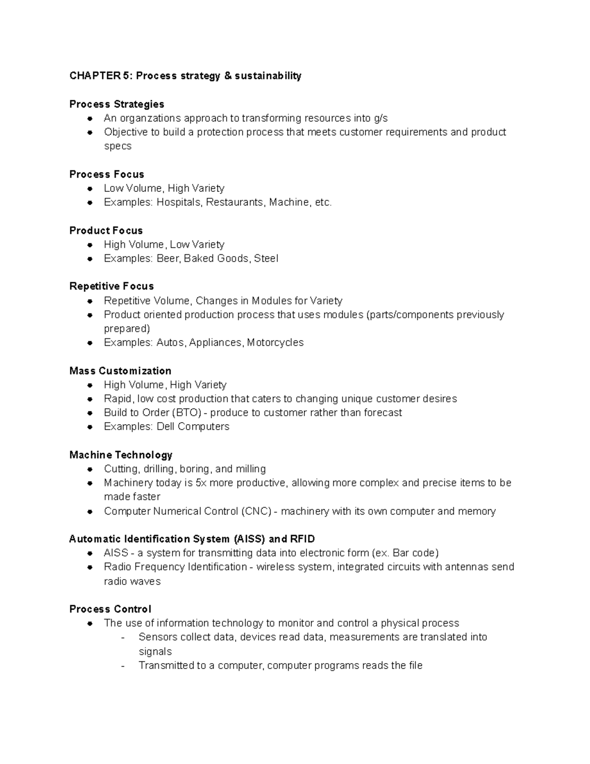 Operations Management Chapter 5 (GMS 401) - Process strategy & sustainability - CHAPTER 5 ...