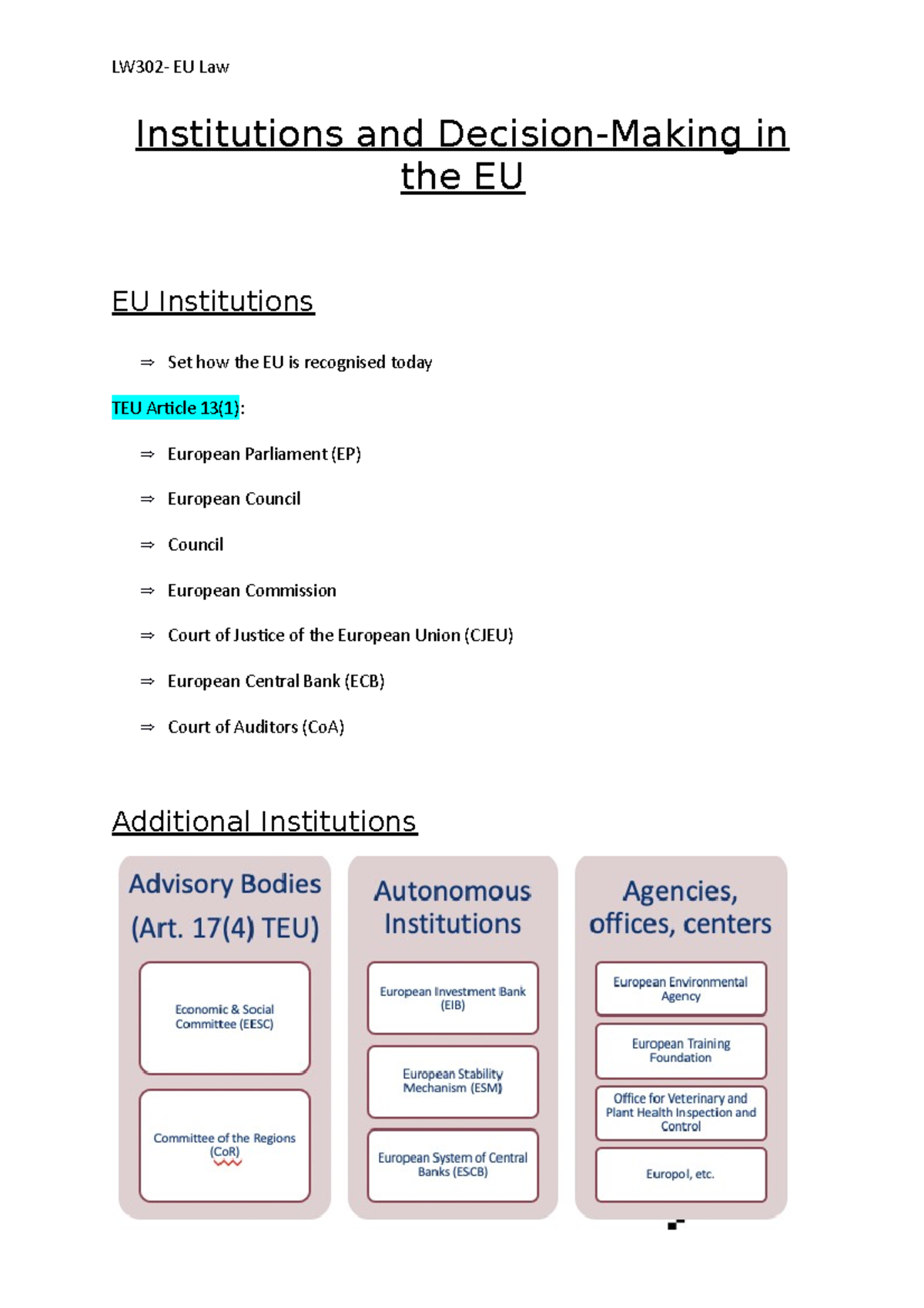 Institutions and Decision making in the EU - EU Law Institutions and in ...